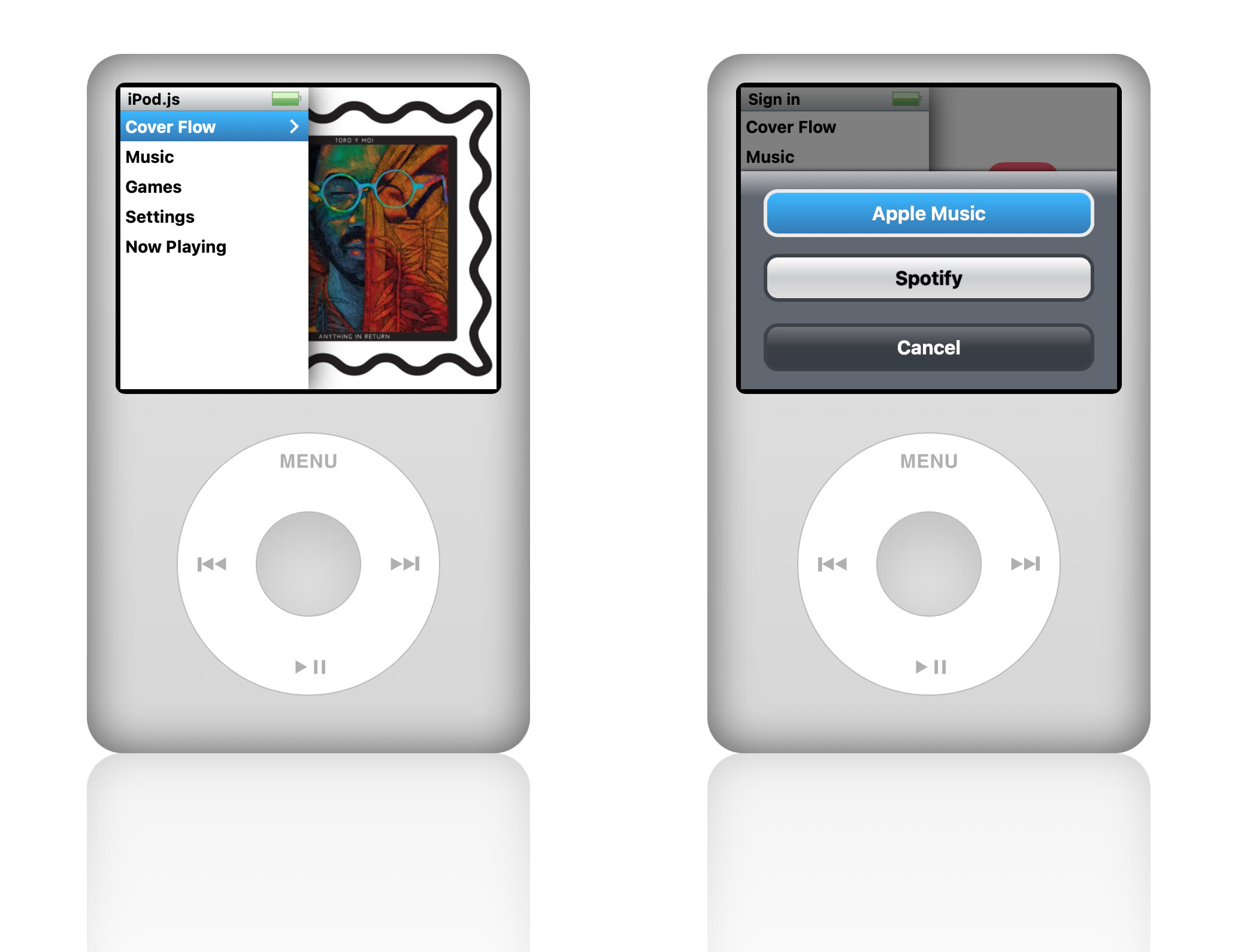 Apple Music et Spotify dans un iPod virtuel, c'est tout de même bien ...