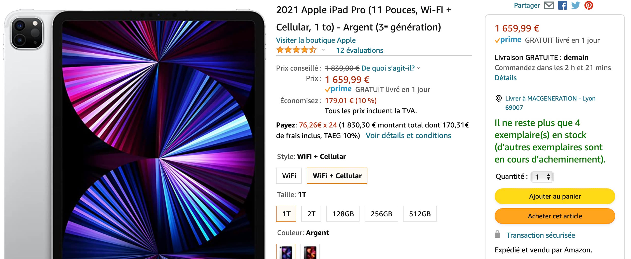 Promo : iPad 11" cellulaire 2021 de 1 To à partir de 1 660 € (-179 ...