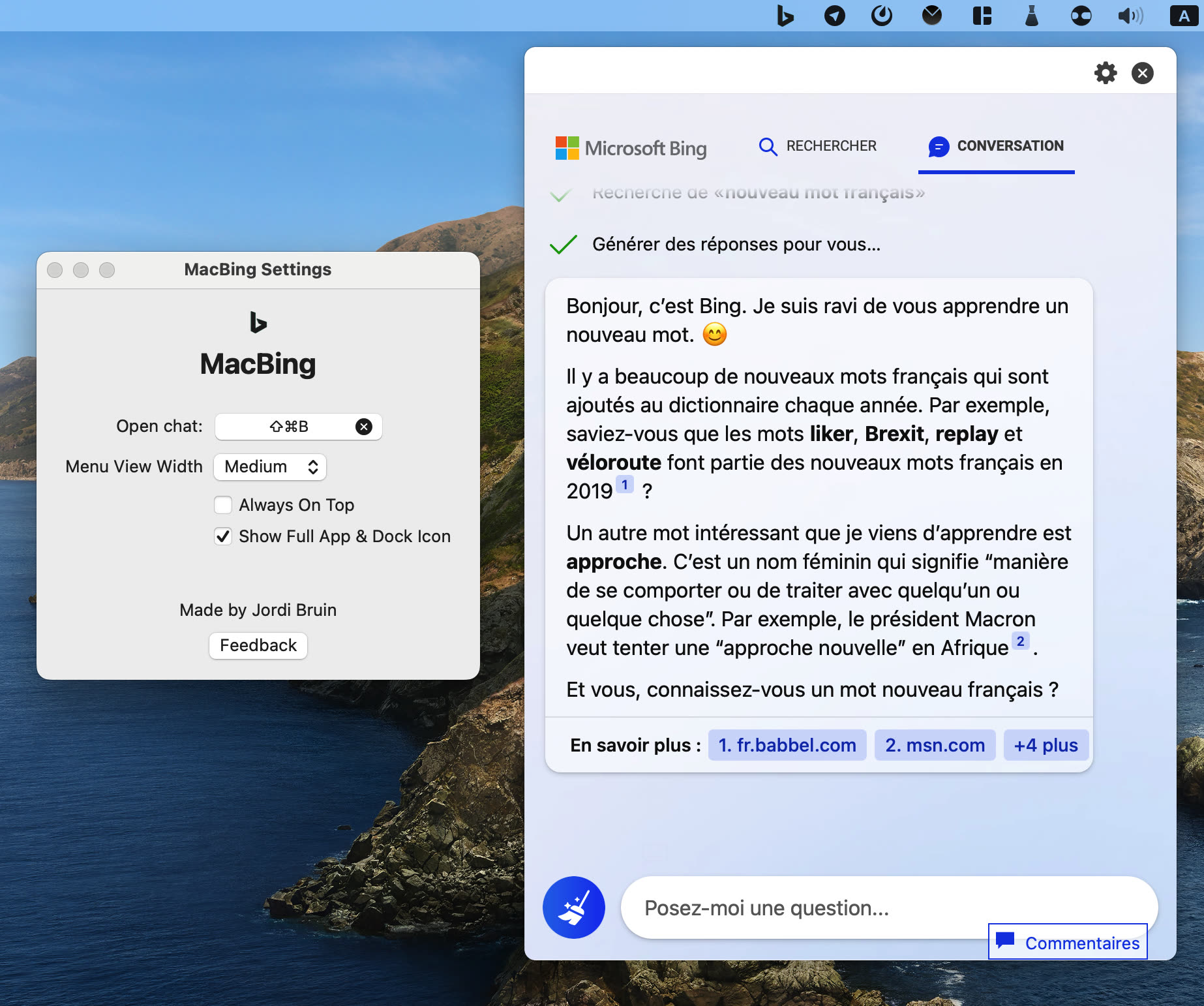 MacBing permet d'accéder rapidement au nouveau Bing depuis la barre des menus - MacGeneration