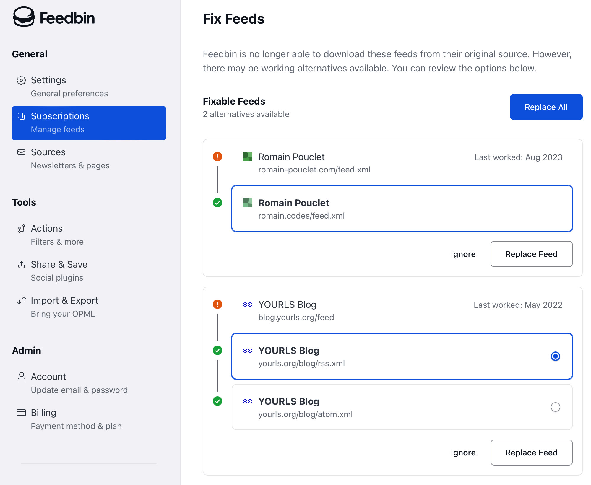 Feedbin repère les flux RSS cassés et peut suggérer une mise à jour - MacGeneration